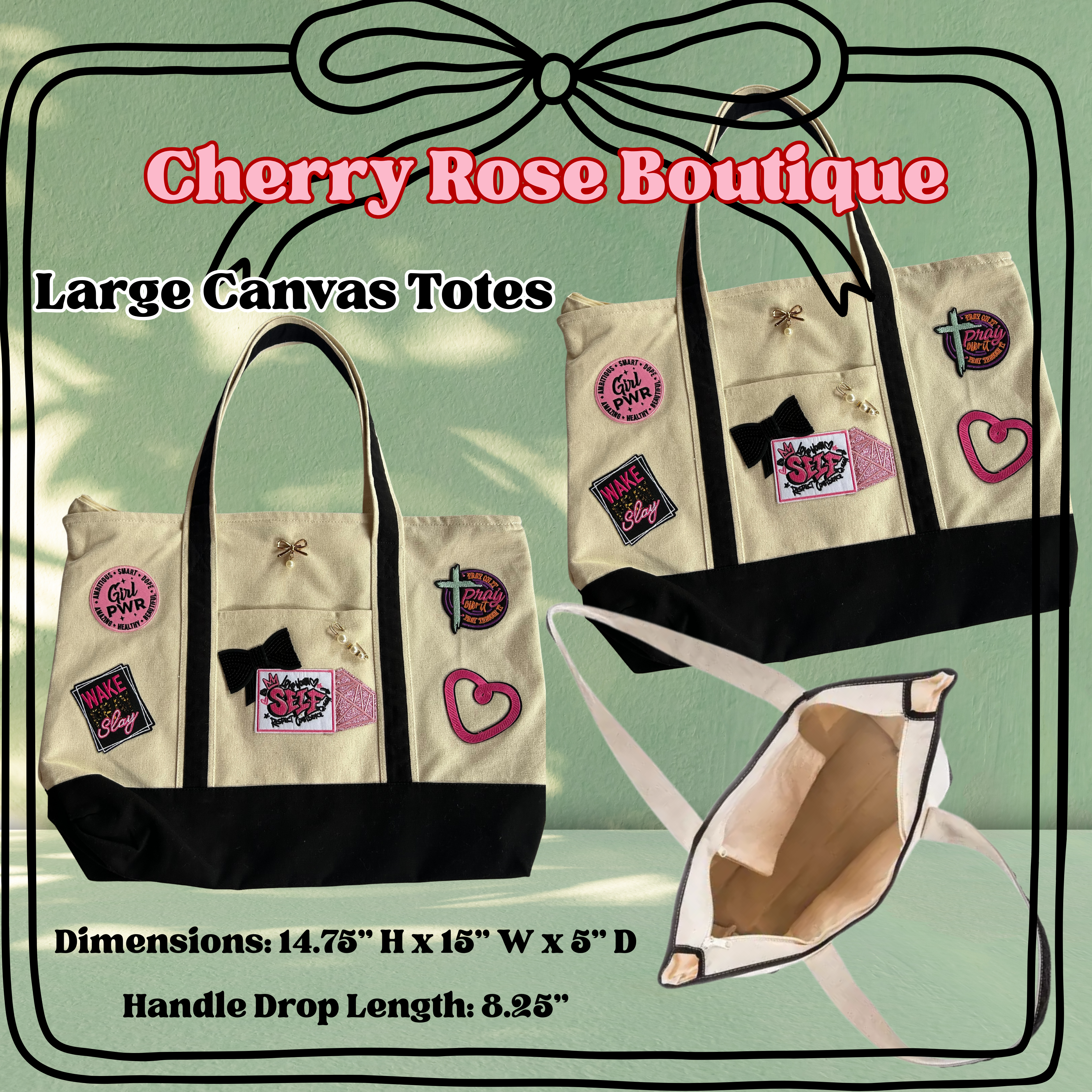 Canvas Totes Big and Small with Patches – Cherry Rose Boutique